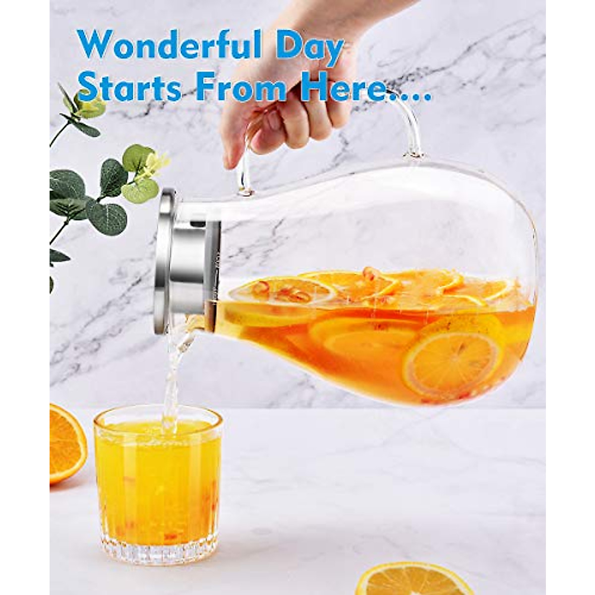 Glass Pitcher, veecom 80oz Water Pitcher with Lid, Large Glass Pitcher with Lid and Spout for Hot&Cold Beverage, Juice, Iced Tea Pitcher for Fridge, Borosilicate Glass Carafe/Jug with Brush