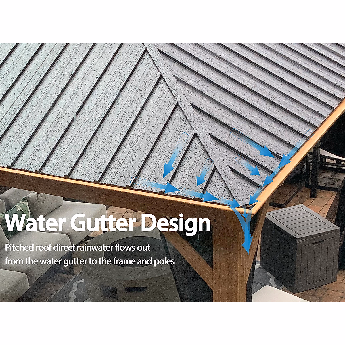 PURPLE LEAF 12' X 20' Outdoor Hardtop Gazebo for Patio Galvanized Steel Double Roof Permanent Canopy Teak Finish Coated Aluminum Frame Pavilion Gazebo with Netting and Navy Blue Curtains