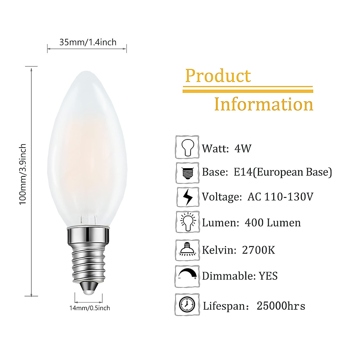 Lamsky E14 LED Bulb European Base 4W LED Chandelier Light Bulbs Dimmable 40W Equivalent,110V 2700K Warm White,Frosted Glass Decorative Bulb,6 Pack