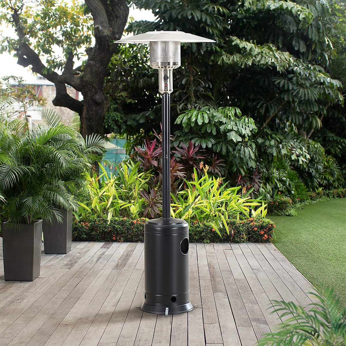 Sunjoy 47,000 BTU Avanti Outdoor Portable Propane Heater for Patio and Garden with Safety Auto Shut Off Valve and Wheels, Black & Fire Sense Full Length Patio Heater Cover