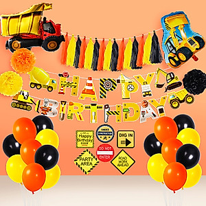 Garma Birthday Party Decorations for Kids, Construction Birthday Party Supplies with Excavator Foil Balloons,Construction Signs,Cupcake Toppers, Banners for Construction Birthday Party Decorations Kit