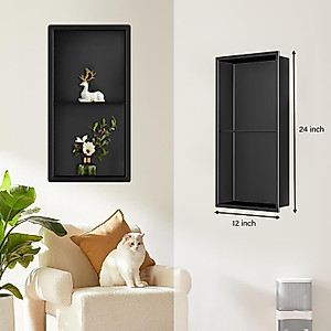 BWE Black Bathroom Wall Niche,12" X 24" X 4" Stainless Steel Shower Niche,Rimless Recessed Shower Shelf for Bathroom Storage,Double Shelves Wall Niche,No Tile Needed