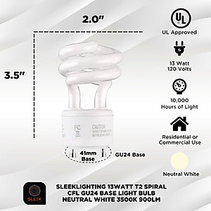 SLEEKLIGHTING - 13Watt GU24 Base 2 Prong Light Bulbs- UL approved-13w 120v 60hz Light Bulb- Mini Twist Lock Spiral -Self Ballasted CFL Two Pin Florescent Light Bulb- 3500K Neutral White -4pack-