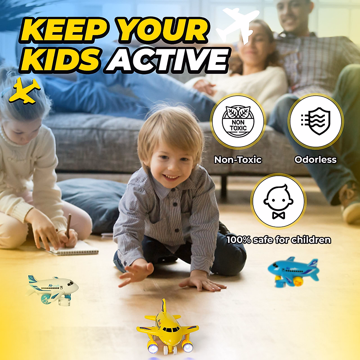 KIDSTHRILL Kids Airplane Toy for Boys & Girls. Set of Three Toy Airplanes with Flashing Lights, Music & Airplane Sound, Push and Go Toy Plane Gift Toys for Toddler Boys 2 3 4 5 6 7 Years Old & up