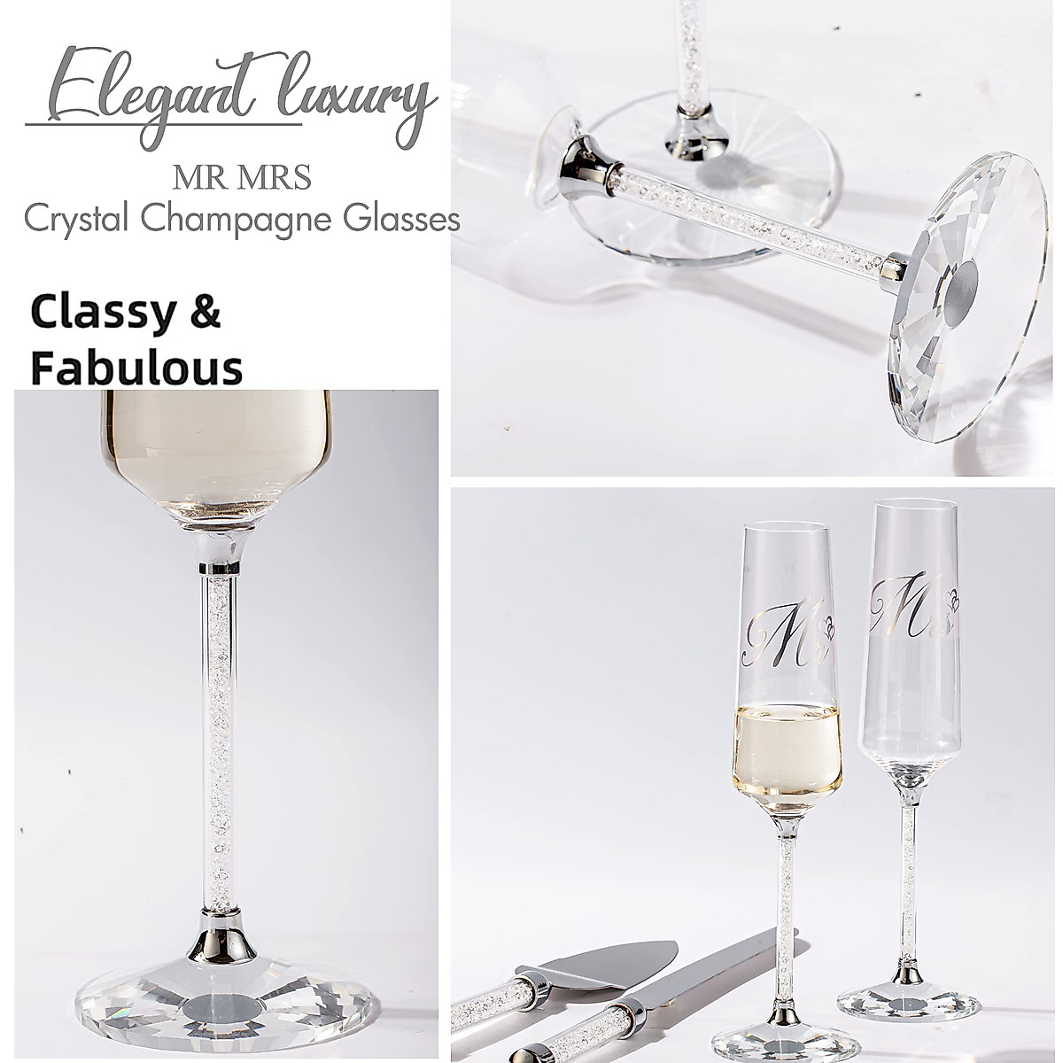 VARLKA Wedding Cake Knife and Server Set, Champagne Flutes Engraved Mr and Mrs for Wedding, Bride and Groom Toasting Flutes, Engagement Gift Wedding Reception Supplies (Clear Diamonds)