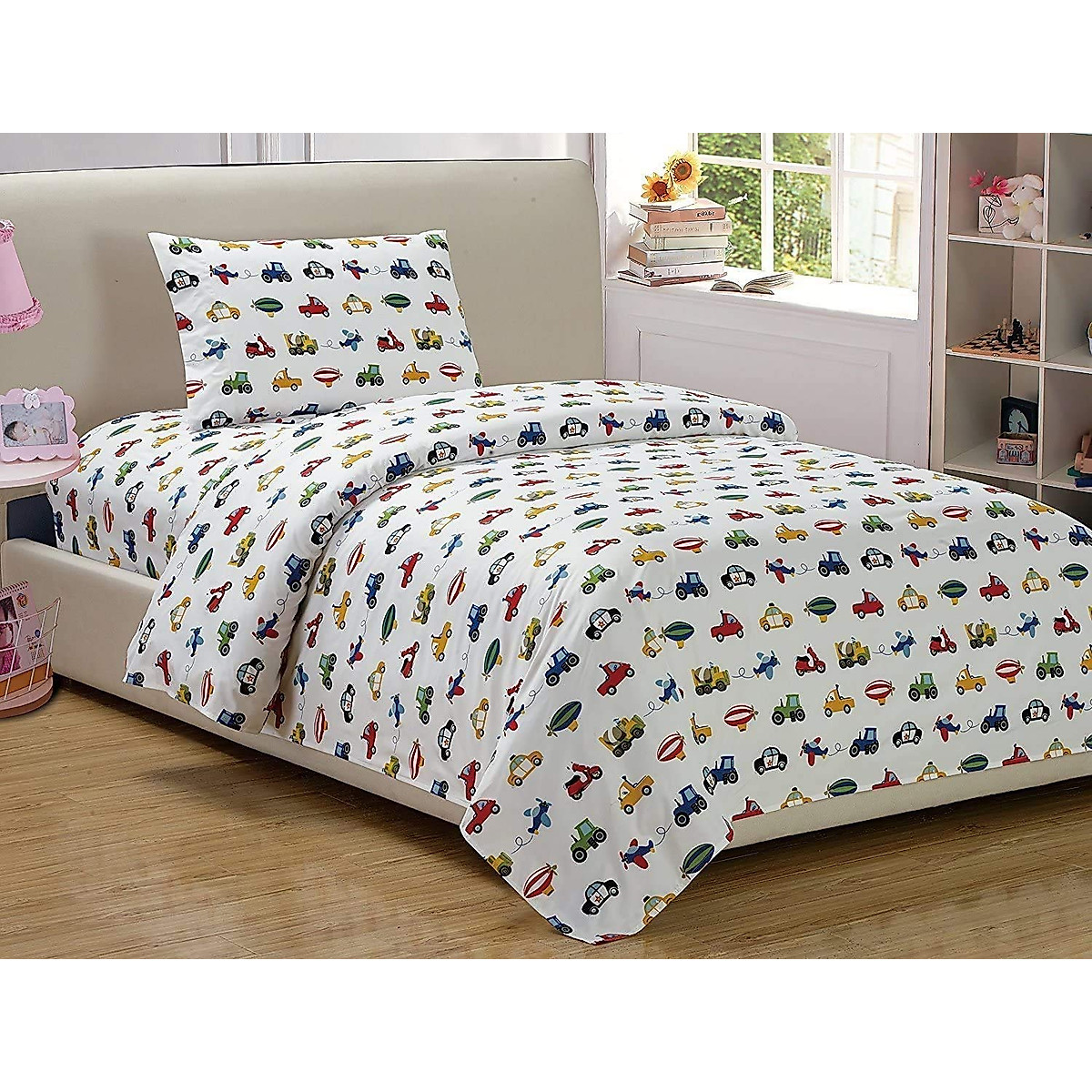 Mk Home 4pc Queen Size Sheet Set Police Cars Construction Trucks Airplane Blue Red Yellow Green Black New