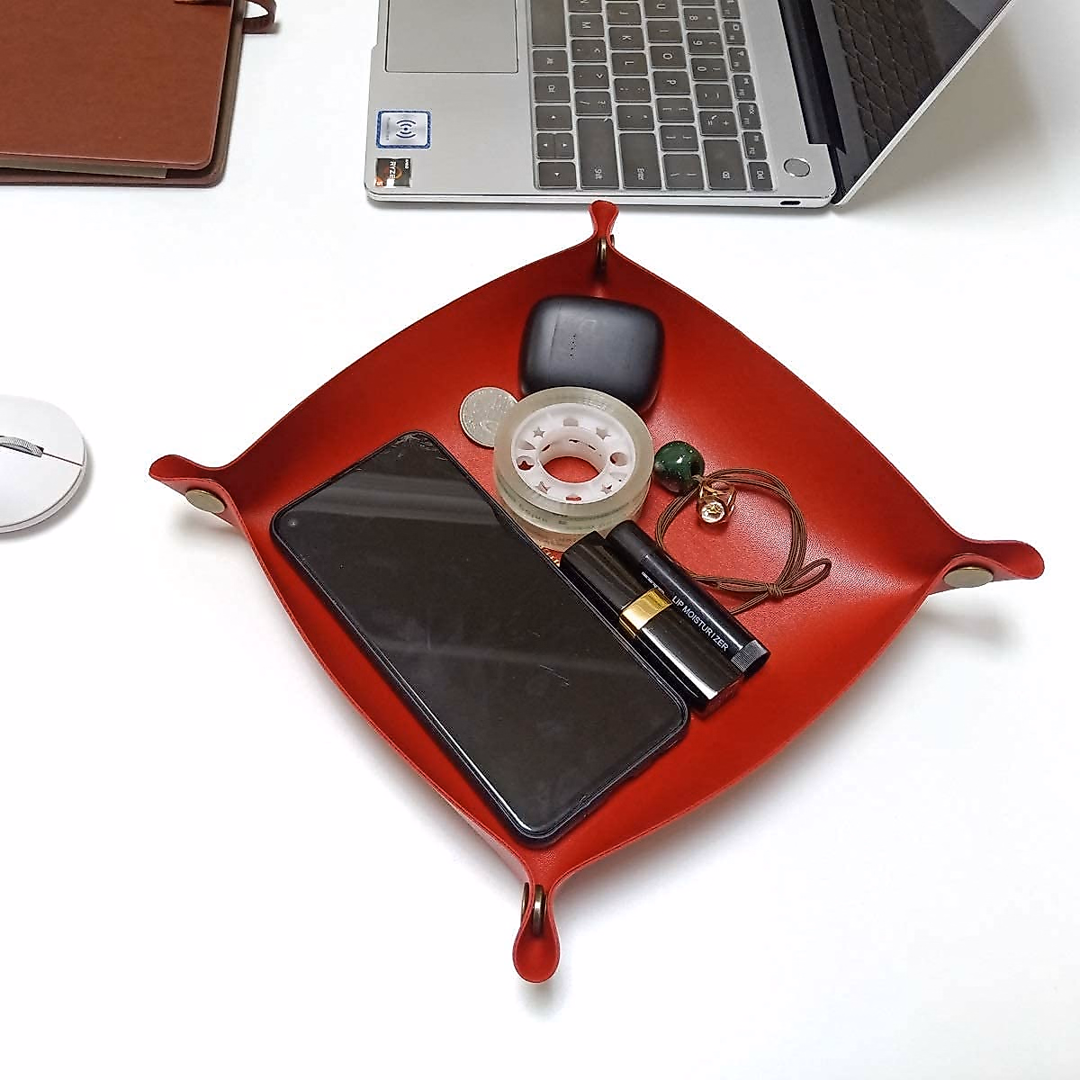 YunQin Leather Jewelry Tray Watch Coin Change Key Phone Catchall Valet Tray for Storage Nightstand Organizer Leather USB-Mouse pad, Easy to Clean Coffee Cup pad (Black)