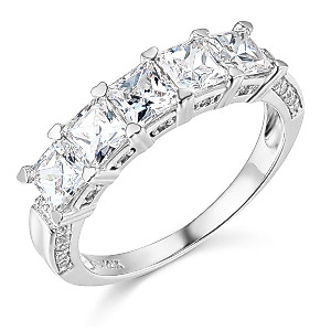 Wellingsale Ladies Solid 14k White Gold Polished CZ Cubic Zirconia Princess Cut Five 5 Stone Anniversary Wedding Band - Size 8.5