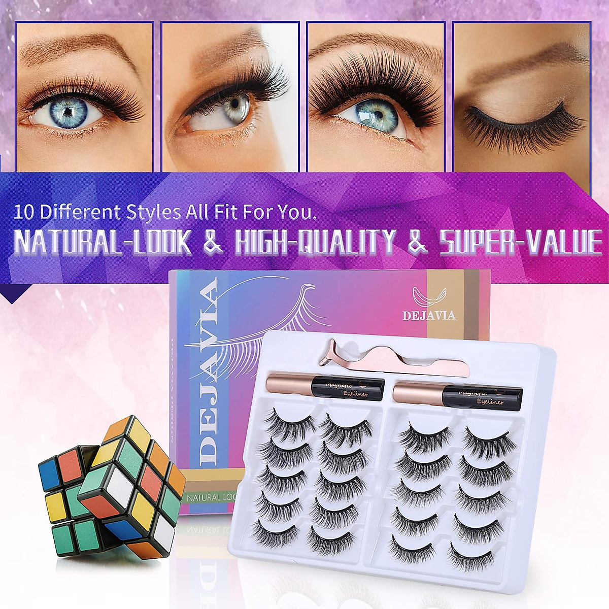 Magnetic Eyelashes with Eyeliner Kit- 10 Pairs Premium 3D Natural Look Reusable Eyelashes with Tweezers Applicator, Strong Magnetic Eyeliner and Lashes Set by DEJAVIA, No Glue Needed