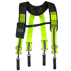 MELOTOUGH Reflective Safety Suspenders Tool Belt Suspenders Construction Work Suspenders with detachable phone holder comfortable foam shoulder padder (Lime)