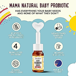 Mama Natural Baby Probiotic Drops (0.28 Fl Oz) | 4 Billion CFU Pediatrician-Tested Infant Probiotic Helps with Colic Relief for Newborns & Constipation Ease for Infants - Unflavored Baby Gas Drops