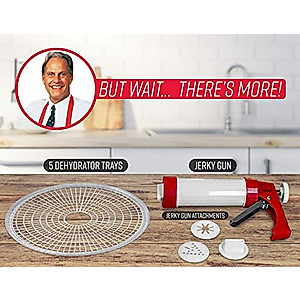 Ronco Beef Machine, 5-Tray Dehydrator with 5-Piece Kit, Food Preserver Quiet Operation, for Turkey, Chicken, Fish, Fruits, Vegetables, Deluxe Black with Jerky Gun