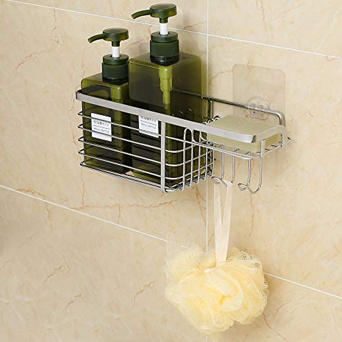 Joyfamy Rustproof Hanging Shower Caddy with Hooks, Wall Mounted Adhesive Bathroom Shower Shelf Storage Organizer Basket, No Drilling Stainless Steel Soap Sponge Shampoo Conditioner Holder Kitchen Rack