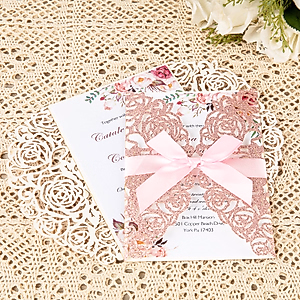 AdasBridal 50Pcs Pink Glitter Wedding Invitation Kit Laser Cut Hollow-out Personalized Wedding Invitations with Envelopes and RSVP Cards for Quinceanera Birthday Baby Shower Anniversary