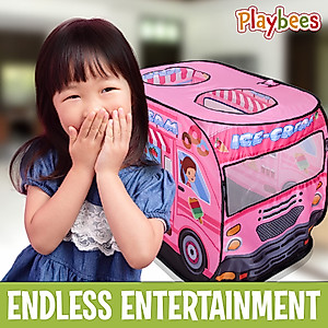 Playbees Musical Ice Cream Truck Pop Up Play Tent with 3 Openings - Tent for Toddlers - Indoor & Outdoor - Pop Up Tents for Kids - Includes Carry Bag and Sound Button- 43.5x28x26.5 Inch