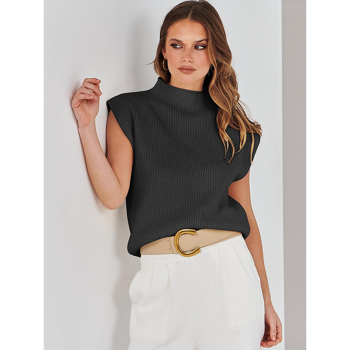 ANRABESS Women's Mock Neck Sleeveless Sweater Vest Casual Cap Sleeve Knit Pullover Tank Tops 2025 Spring Summer Clothes Black-M