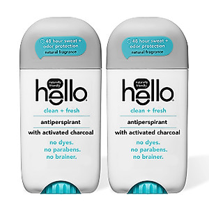 Hello Activated Charcoal Antiperspirant Deodorant for Women + Men, Natural Fragrance, Dermatologically tested, Baking Soda Free, Parabens Free, Dye Free, 48 Hour Sweat and Odor Protection, 2 Pack