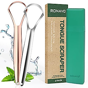 RONAVO Tongue Scraper for Adults, Two Colors Designed for Couples, Cure Bad Breath, Tongue Cleaners Stainless Steel, Metal Tongue Scrapers for Oral Care & Hygiene (2 Pack)