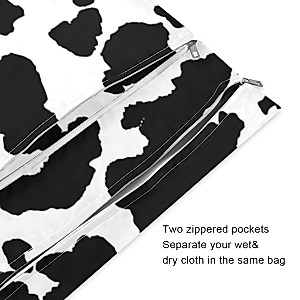 2pcs Wet Dry Bag Black Animal Cow Print Cloth Diaper Bags Waterproof Wet Bags Washable Wet Dry Organizer Pouch with Two Zippered Pockets for Swimsuits Travel Hiking Baby Stroller
