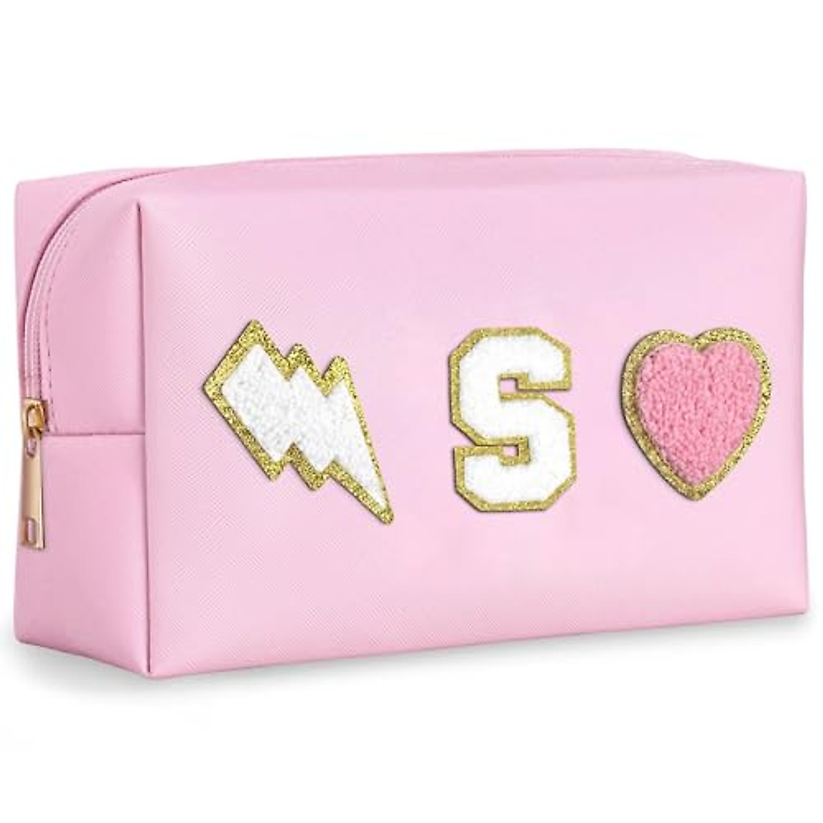 TOPEAST Initial Cosmetic Bag for women, Preppy Makeup Bag Chenille Letter Pouch, Monogrammed Birthday Gifts for Girls, Teen Girl Gifts Trendy Stuff, Pink S