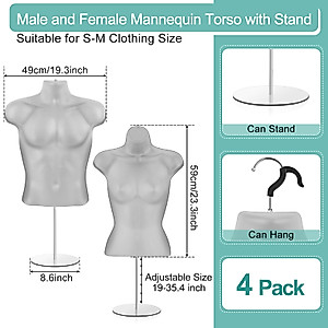 Sintuff 4 Pack Male and Female Mannequin Torso with Stand Dress Form Hollow Back Shirt Mannequin Display Half Body Mannequin for Clothes White Clothing Mannequin for Craft Shows, S-Medium Clothes Size