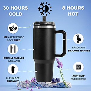 Klickpick Home 40 Ounce Stainless Steel Vaccum Insulated Thermal Tumbler With Handle Lid 2 straws, Reusable Travel Coffee Mug Cup Cupholder friendly, Keeps cold for 30 H, 100% Leakproof, Black