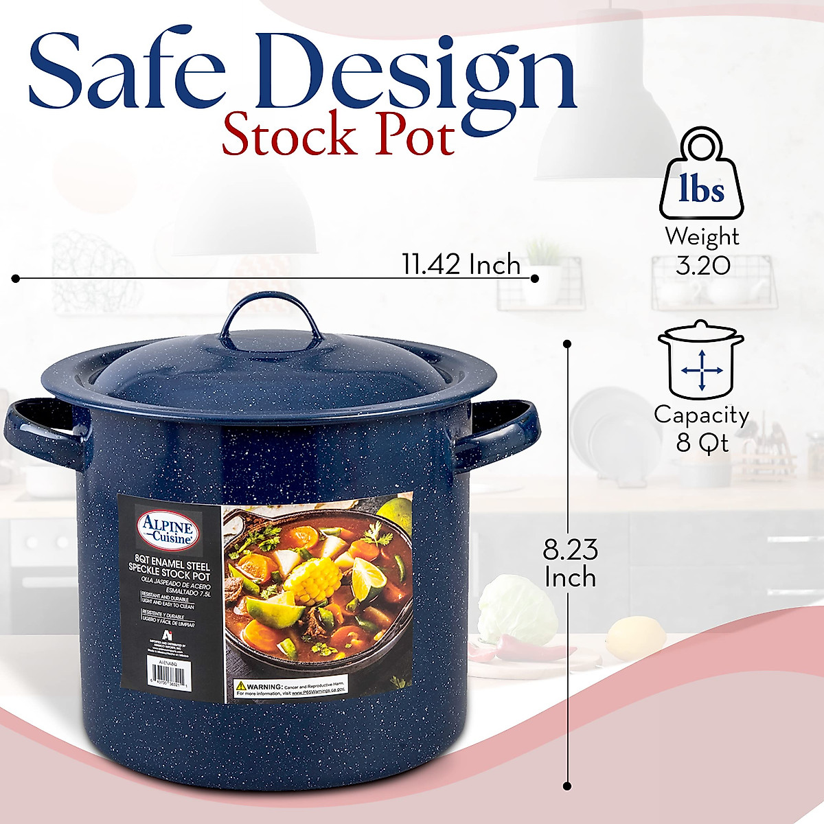 Alpine Cuisine Enamel Steel Dark Blue Speckle Stock Pot 8-qt with Lid, Healthy Cookware Commercial Grade Stockpots, Multi Cooking Pot for Stew, Sauce & Reheat Food, Compatible for Family Meals