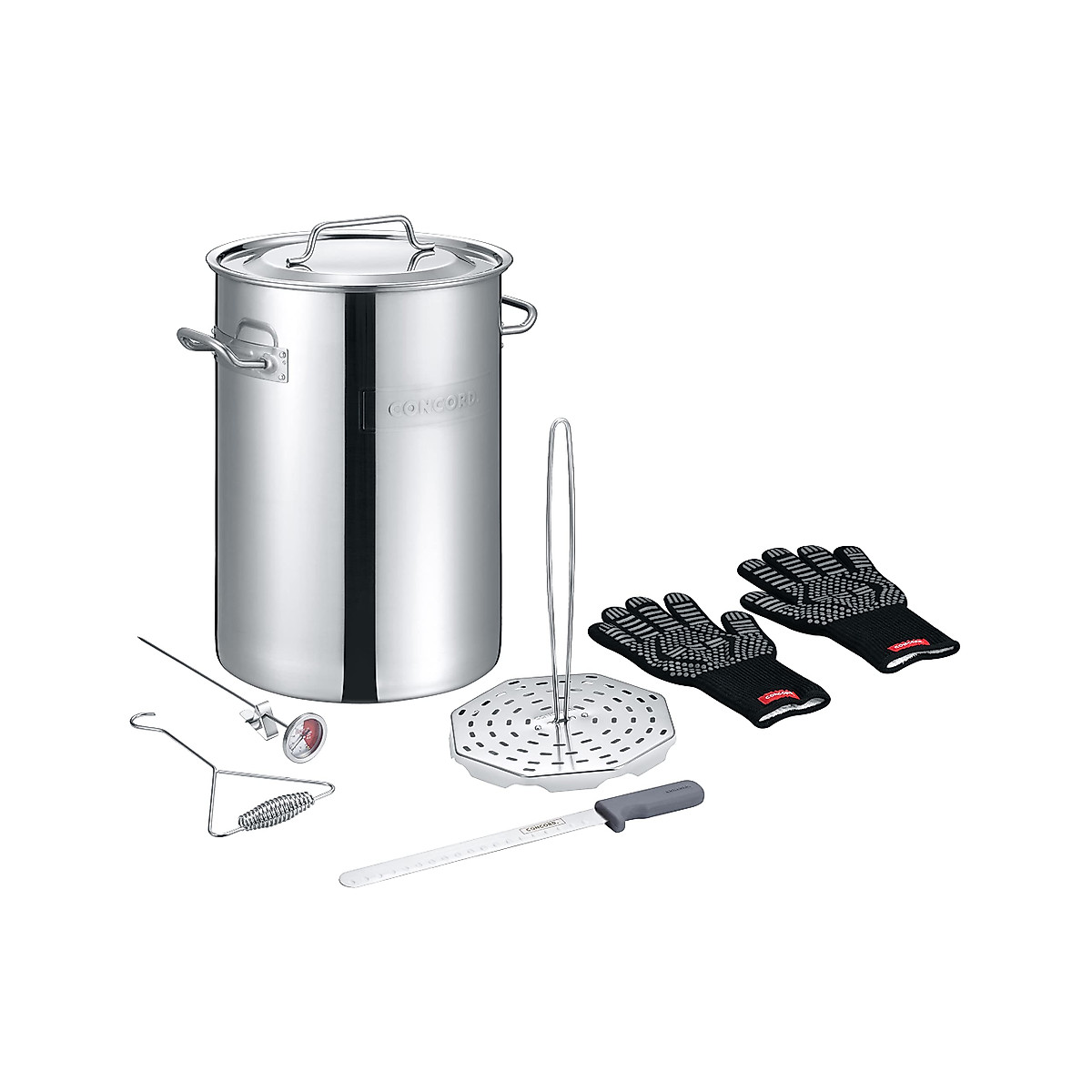 CONCORD Heavy Duty Stainless Steel Turkey Fryer Kit with Rack, Slicer, Hook, Thermometer, and heat proof gloves. Also great for Seafood Boil, Crawfish Boil, and more (Turkey Fryer Kit)
