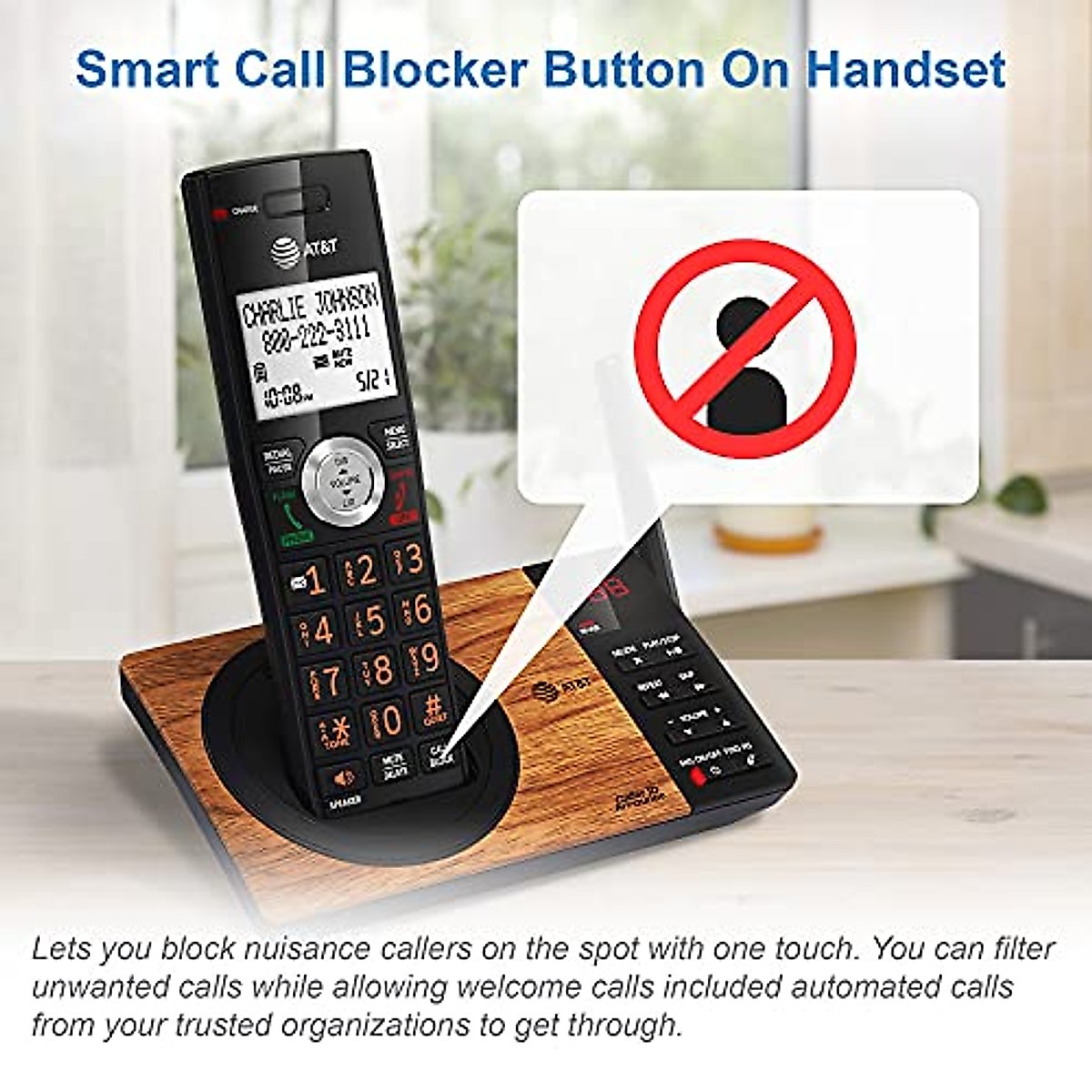 AT&T CL82267 DECT 6.0 2-Handset Cordless Phone for Home with Answering Machine, Call Blocking, Caller ID Announcer, Intercom and Long Range, Black & Wood Grain Finish