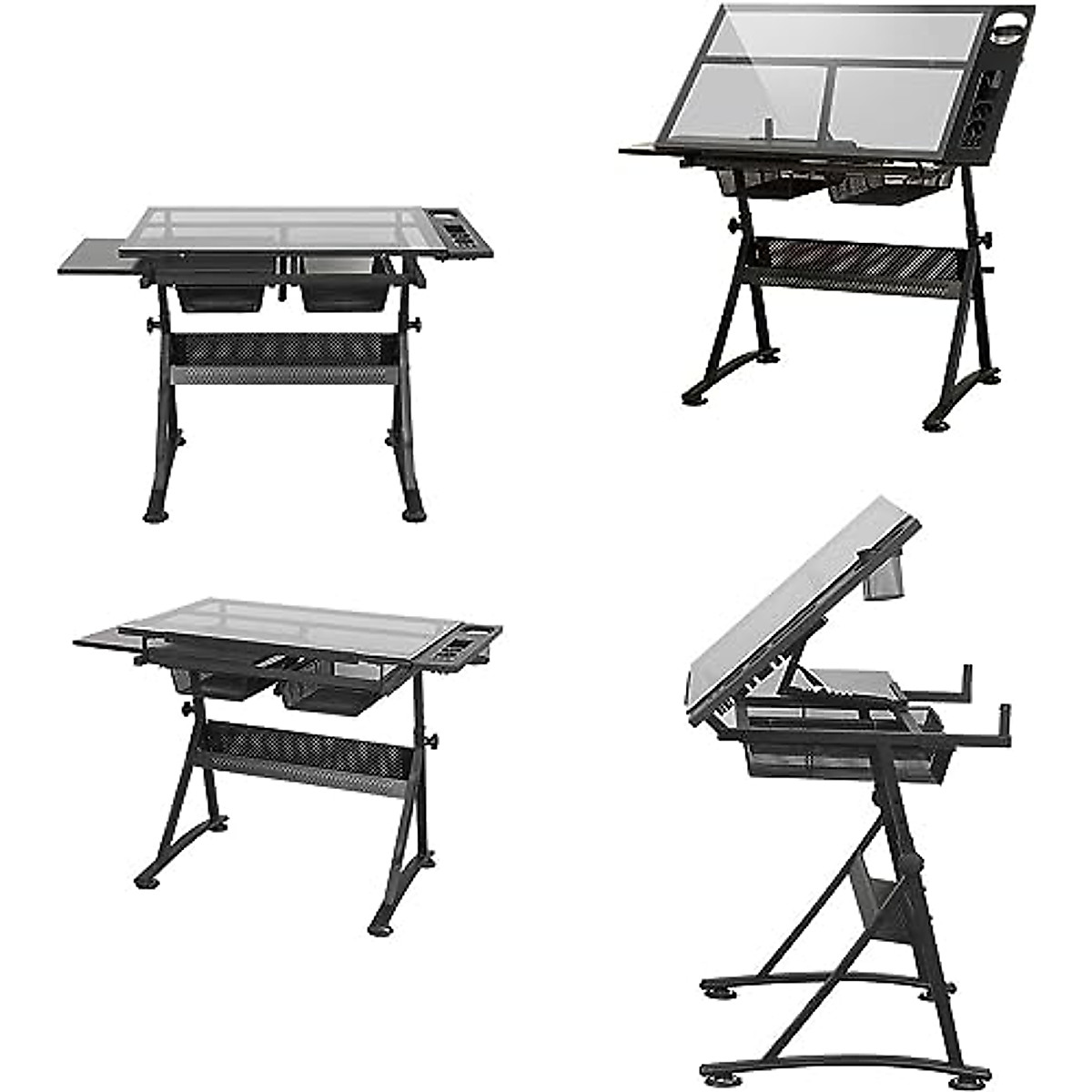 XiVue Drafting Table with Storage, Height Adjustable Tiltable Art Desk, Glass Panel Drawing Desk, for Work Study Painting Craft Table