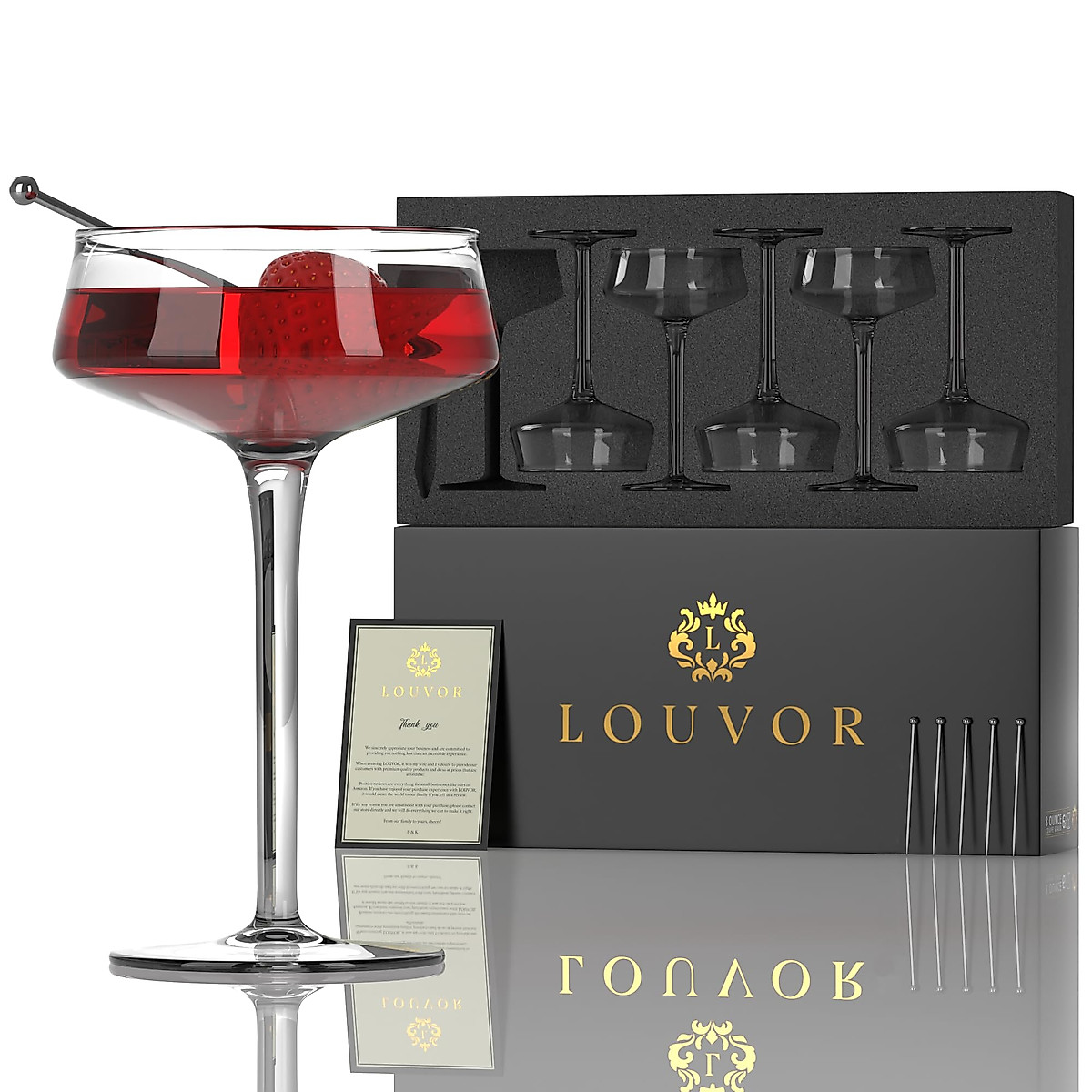 LOUVOR Champagne Coupe Glasses Set of 6-8oz Hand Blown Crystal Martini Glasses with 6 Stainless Steel Cocktail Picks - Versatile Tall Cocktail Glasses & Vintage Cocktail Glasses for Martini & More