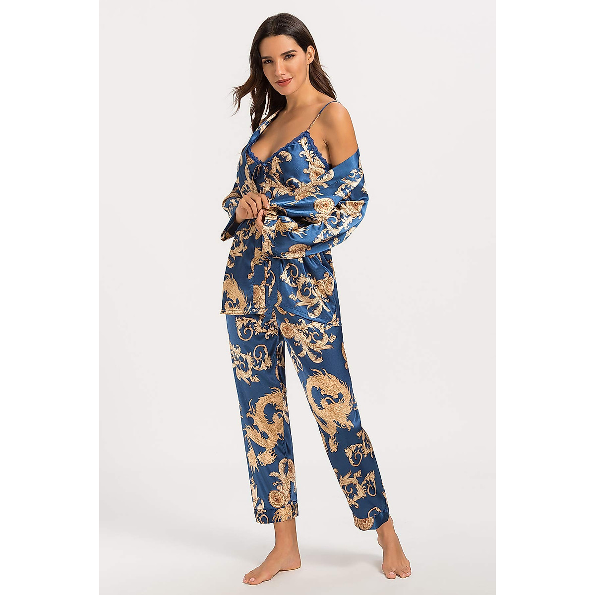 Escalier Women's Silk Satin Pajamas Set 3 Pcs Floral Silky Pj Sets Sleepwear Cami Nightwear with Robe and Pants Navy M
