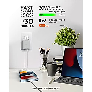 iHome USB C Charger: AC Pro 20W Multiport USB Charger (1 USB-C Port, 1 USB-A Port), Flat USB C Charger Block, Dual Port USB Plug Adapter & Phone Charging Block