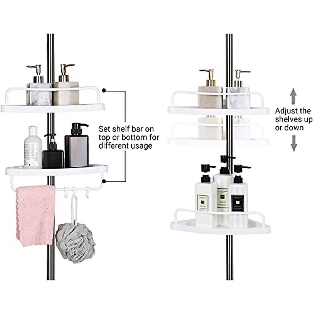 Elenens 4-Layer Retractable Bathroom Corner Tension Shower Caddy with Stainless Steel Pole, Ivory White