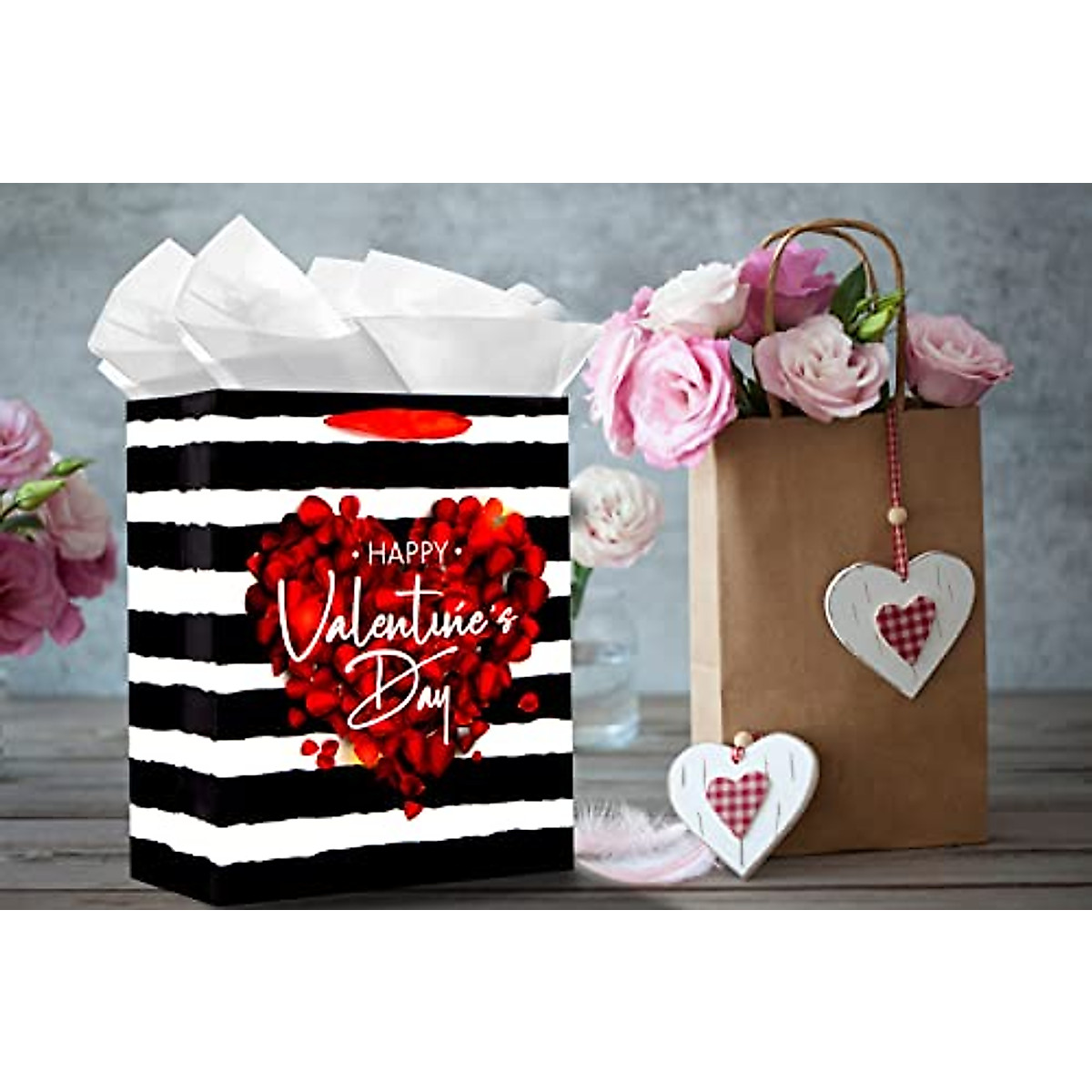 WaaHome Happy Valentines Day Gift Bag with Handle 13''x10.5''x5.8'' Large Red Rose Gift Bags with Tissue Paper, Romantic Valentines Gift Bags for Her Him Girlfriend Boyfriend Wife Husband Women