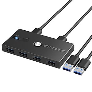 USB 3.0 KVM Switch Selector 2 Computers Sharing 4 USB Devices 4 Port USB Peripheral Switcher Box 2 in 4 Out with One-Button Swapping 2 Pack USB 3.0 Cable for Mouse, Keyboard, Scanner,Printer,Computer