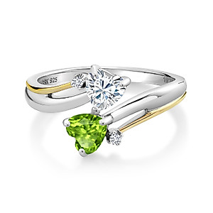 Gem Stone King 925 Silver 10K Yellow Gold Green Peridot and Moissanite 2 Tone 2 Heart Women Engagement Mother Ring (0.94 Cttw, Heart Shape 5MM) (Size 6)