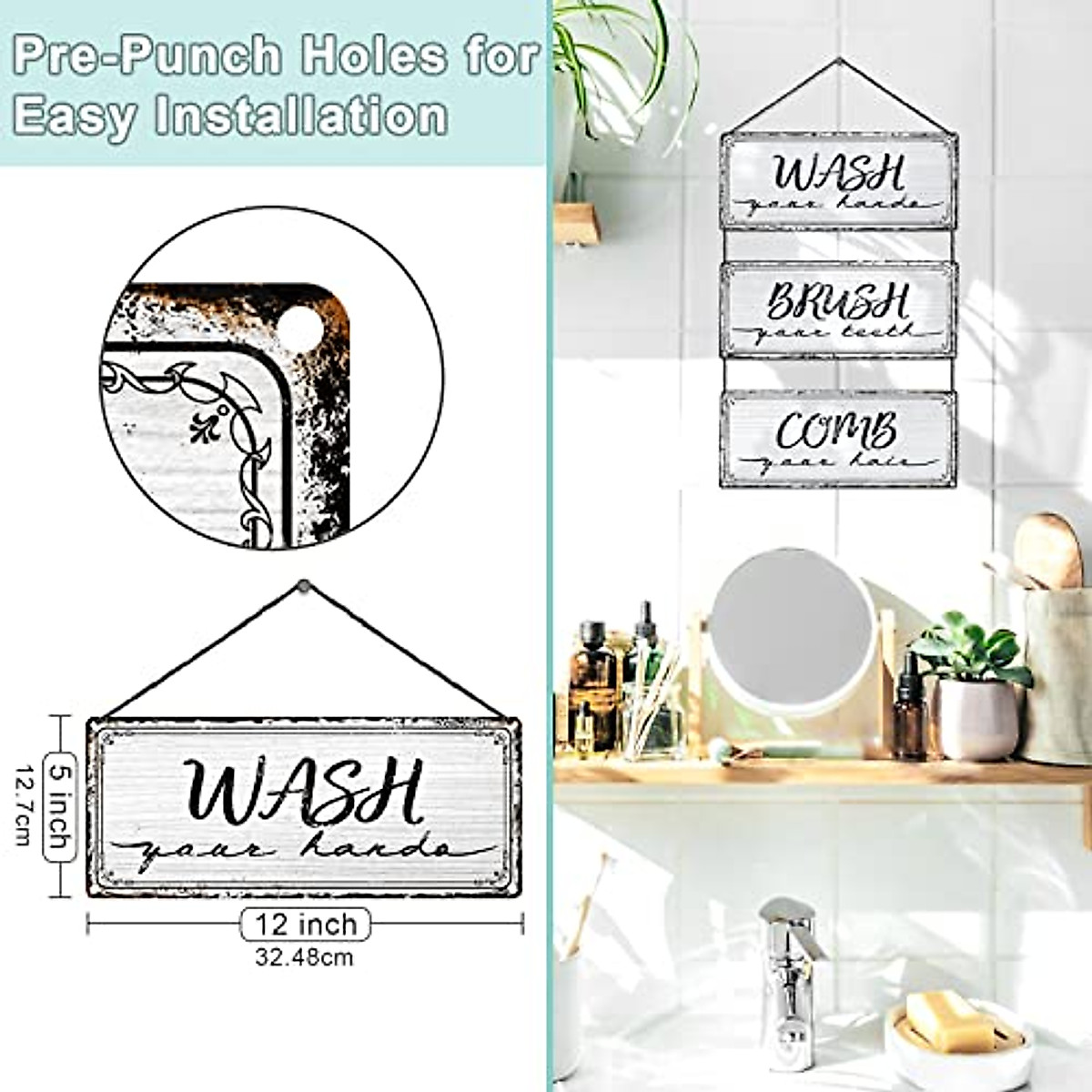 Farmhouse Bathroom Signs Decor 3PCS, PVC Made Waterproof Bathroom Art Wall Decor, Duplex Printed Rustic Home Decor Farmhouse Signs, Fade-resistant Restroom Decor Bathroom Rule Sign, 5X12 Inches, White