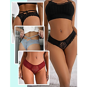 ohyeah Black Lace Thongs for Women Sexy Plus Size Lace Panties Cheeky Underwear Low Waist Underwear Lace Panties 3-Pack