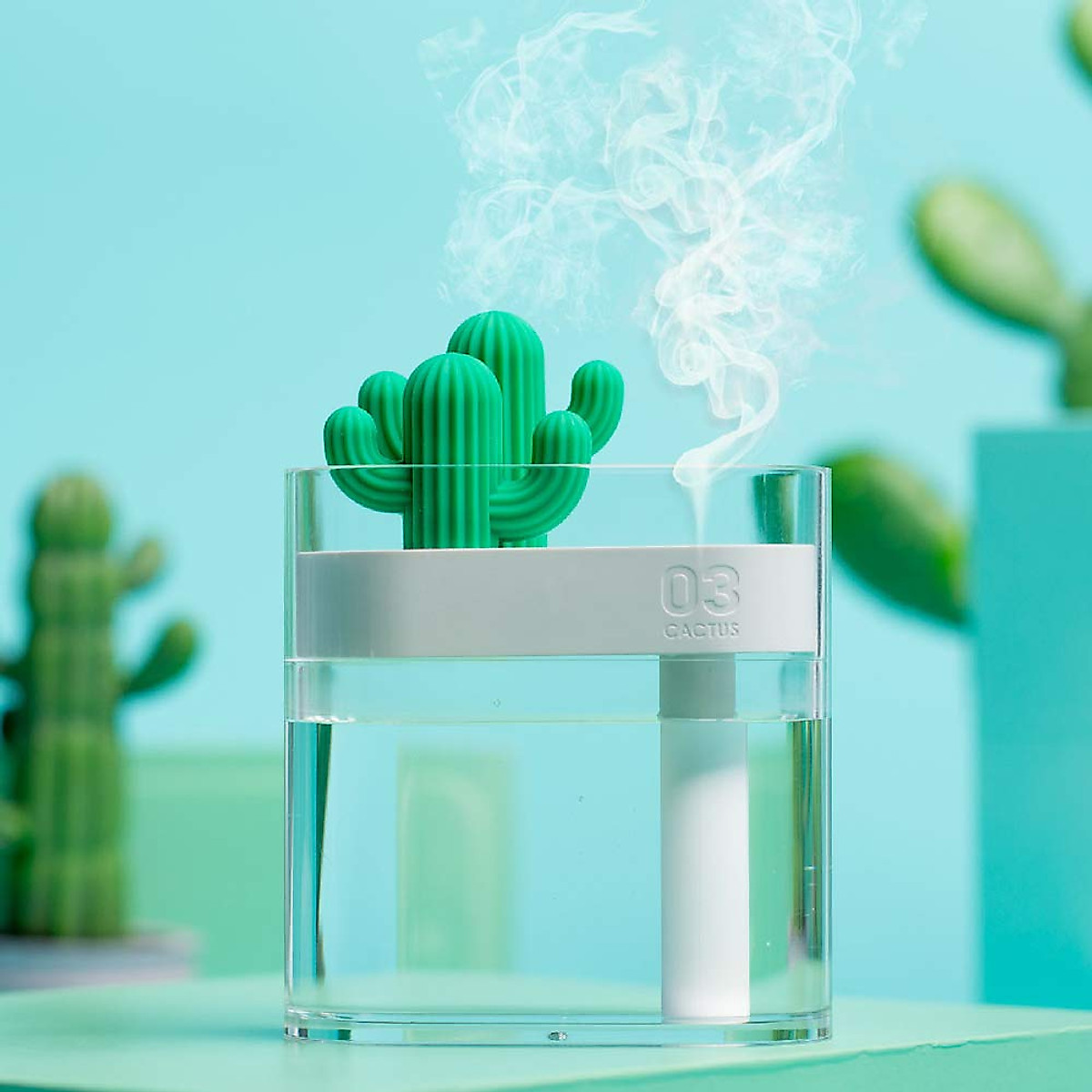 AmuseNd USB Cool Mist Humidifier with Night Light, Mini Size Cactus Humidifier for Bedroom Home Office Car with Timed auto Shutdown(Transparent)
