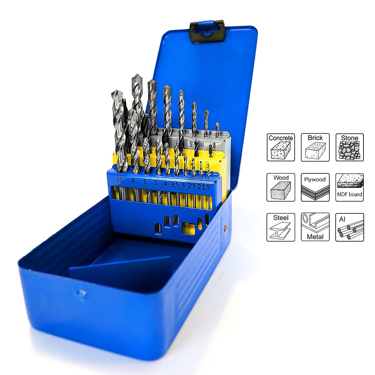 S&R Metal Concrete Masonry Drill Bit Set 23 Pcs. Multi Functional: 10 Metal Drills HSS M2 Steel / 7 Concrete Drills / 6 Wood Drills/Bits Set in Metal Box Multi-Purpose