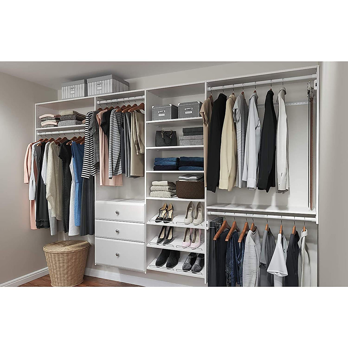 Easy Track PH45-WH Dual Tower Closet Storage Wall Mounted Wardrobe Organizer Kit System with Shelves and Drawers for Bedroom in White with Hardware