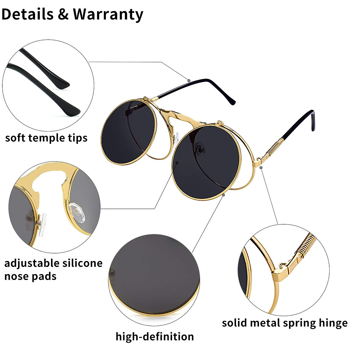 luojery Retro Round 80's Flip Up Steampunk Sunglasses Mirror Vintage Circle Sun Glasses Eyewear for Men Women (Gold Frame Grey Lens, as the picture)