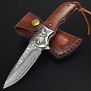 AUBEY Damascus Pocket Knife with Clip, Damascus Knife Folding Knife with VG10 Damascus Steel Blade, Wooden Handle, Foldable EDC Knife for Outdoor Survival Collection Gift
