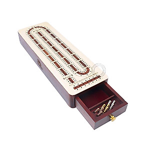 House of Cribbage Continuous Cribbage Board Alphabet e Shape Inlaid in Maple and Bloodwood with Storage Drawer for pegs and Cards - 3 Tracks