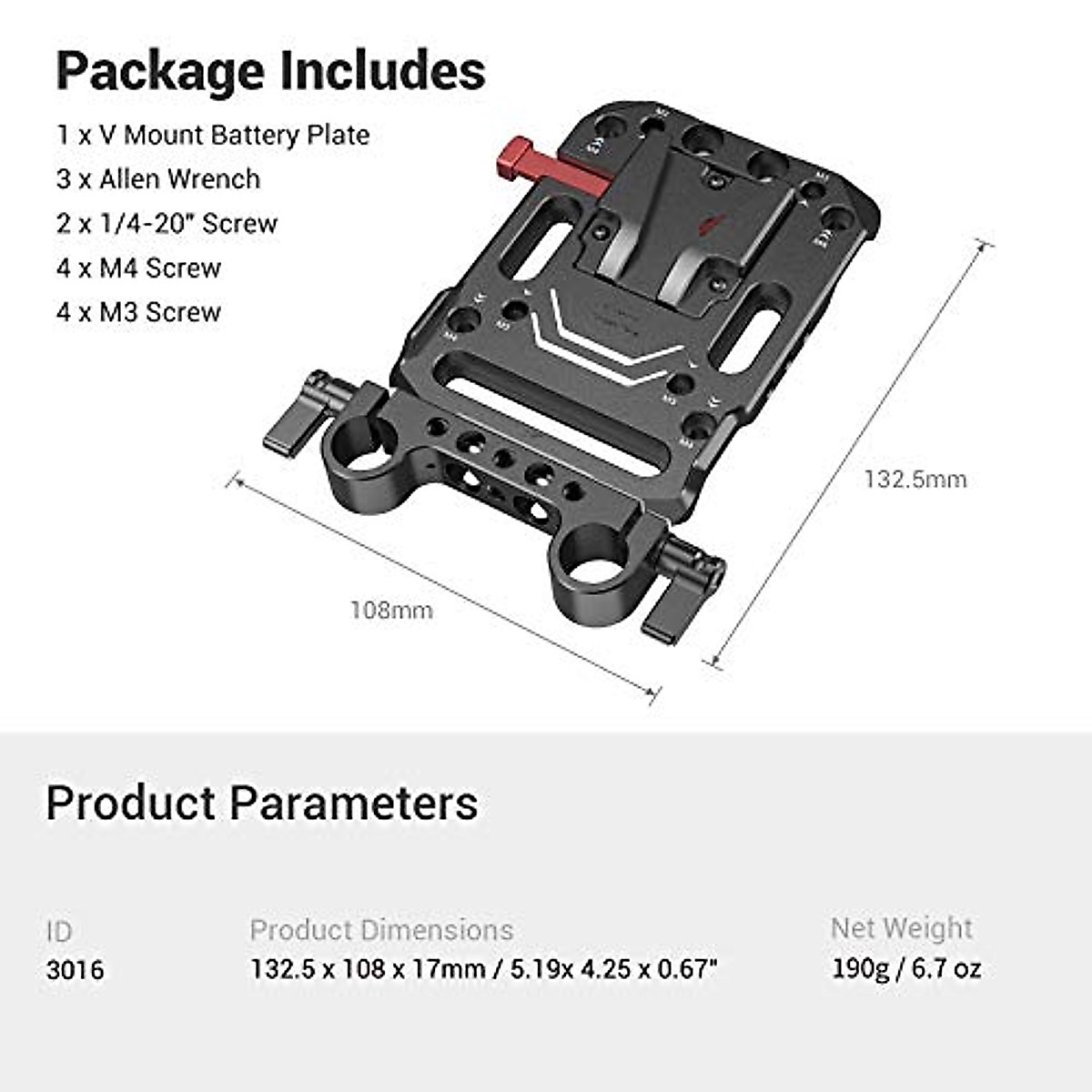SmallRig V Mount Battery Plate, V-Lock Mount Battery Plate with Dual 15mm Rod Clamp for Camera Power Supply - 3016