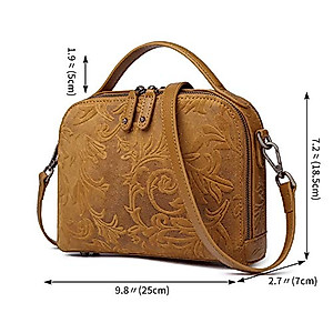 FEIMINA Women Genuine Leather Messenger Crossbody Handbag Design Embossed Floral Pattern Sling Satchel Shoulder Bag (Brown)