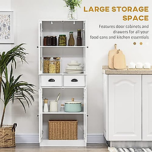 HOMCOM 61" Freestanding Kitchen Pantry, Traditional Style Storage Cabinet with Soft Close Doors, Adjustable Shelves, and 2 Drawers, for Living Room, Dining Room, White