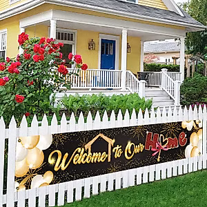 Meltelot Welcome to Our Home Large Banner, New Home Lawn Decor, Rustic Welcome Home Porch Sign, Housewarming Gift, Indoor Outdoor Backdrop 8.9 x 1.6 Feet