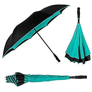 StrombergBrand Inversa Umbrella (Reversible Umbrella), Double Layer Large Windproof, Waterproof & Lightweight Inverted Umbrella For Women and Men, Self Standing Umbrella Reverse Close - Teal Blue